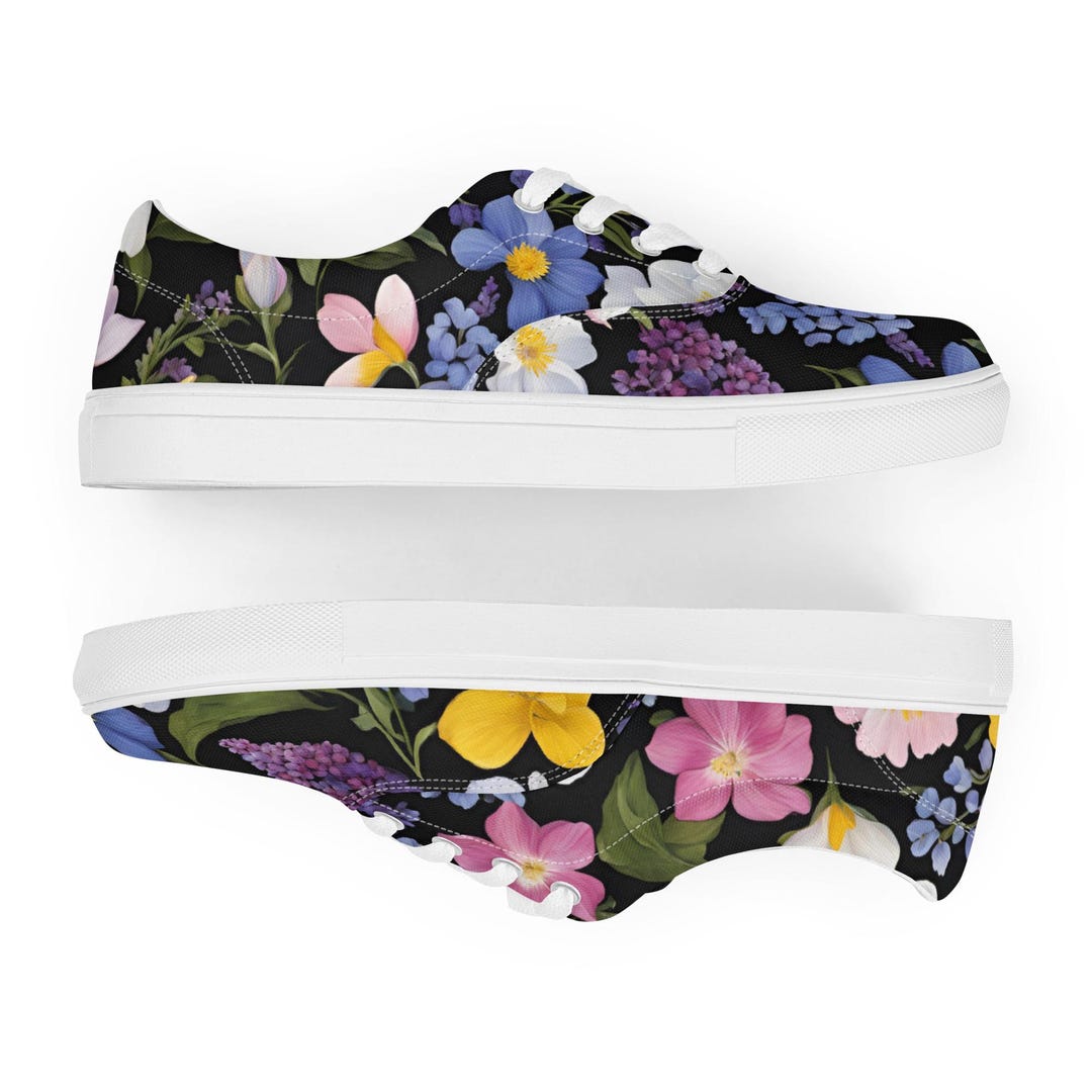 Women's Black Background Spring Floral Lace-up Canvas Shoes, Stylish ...