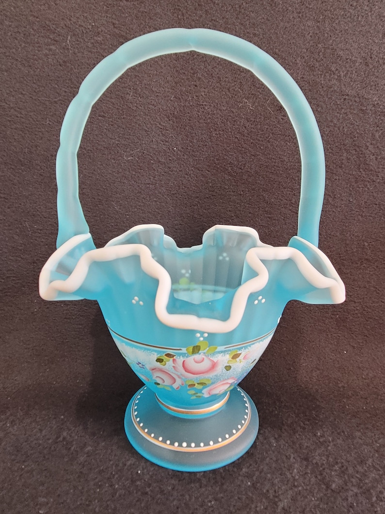 Fenton Blue Floral Signature Piece Basket- Charleton Collection 2002 ...