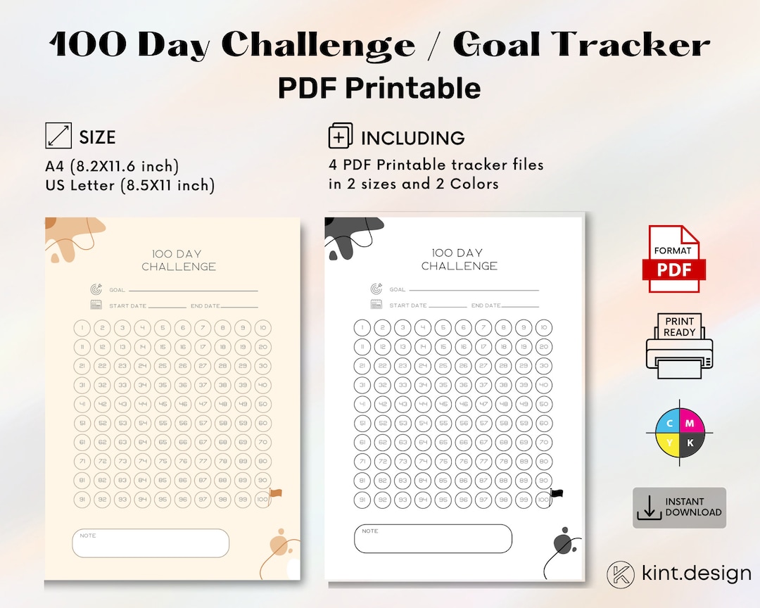 100 Day Challenge Tracker Printable Goal Tracker PDF - Etsy