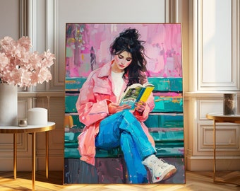 Pink Floral Reading Art Print, Woman Reading Art, Reading Poster, Cute ...