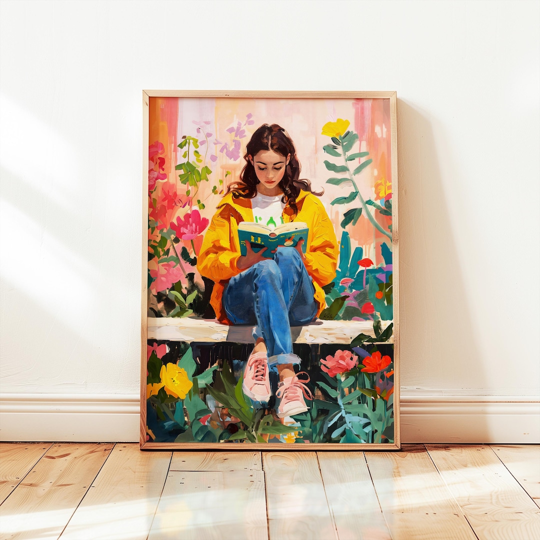Pink Floral Reading Art Print, Woman Reading Art, Reading Poster, Cute ...