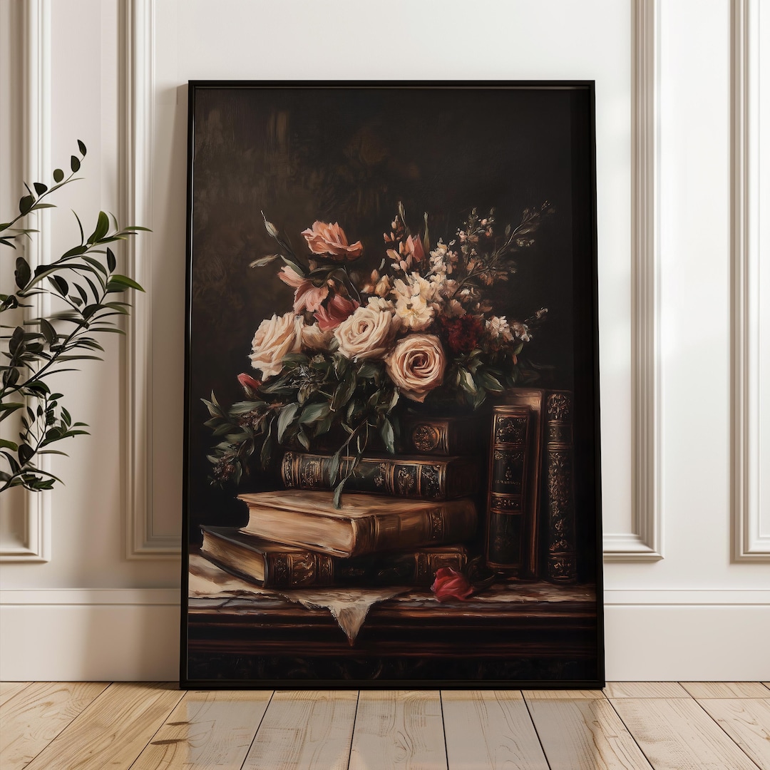 Dark Academia Wall Art, Vintage Book and Flower Print, Moody Library ...