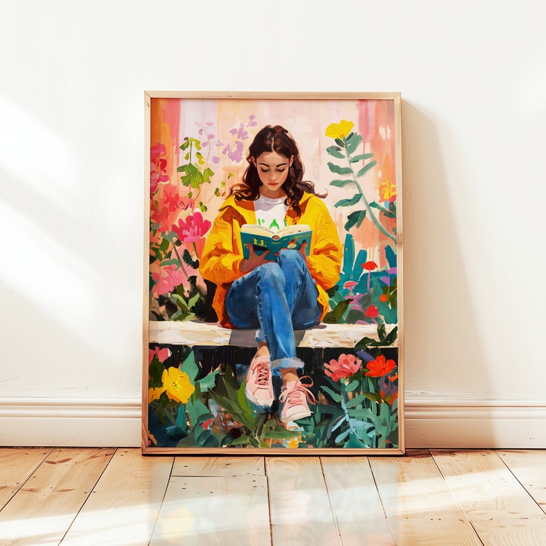 Pink Floral Reading Art Print, Woman Reading Art, Reading Poster, Cute ...