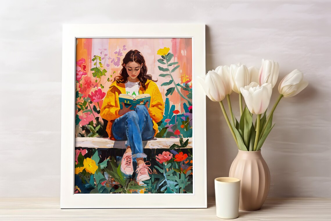 Pink Floral Reading Art Print, Woman Reading Art, Reading Poster, Cute ...