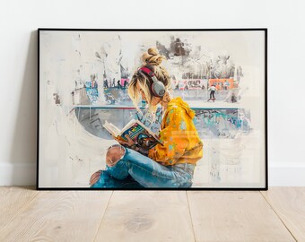 Pink Floral Reading Art Print, Woman Reading Art, Reading Poster, Cute ...