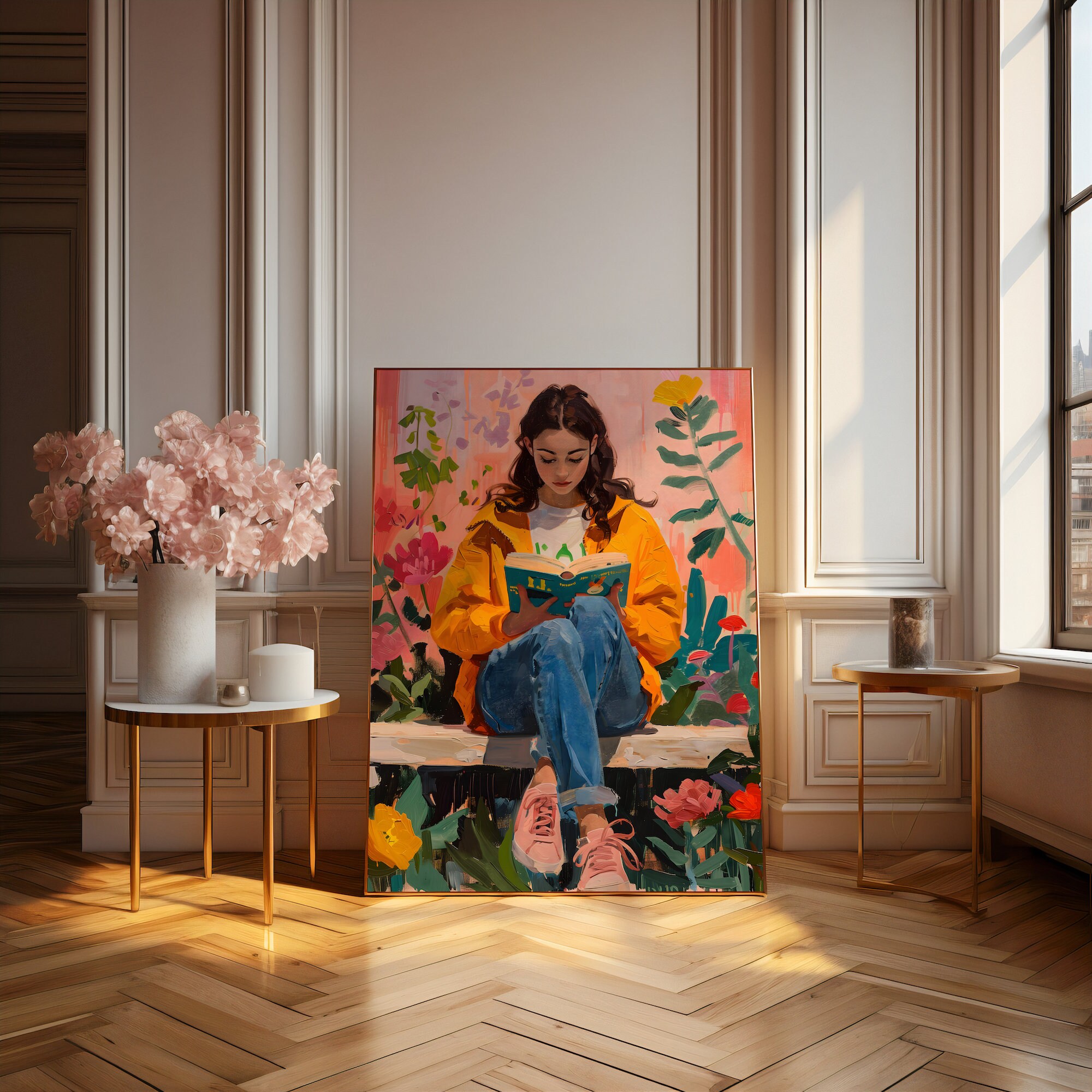 Pink Floral Reading Art Print, Woman Reading Art, Reading Poster, Cute ...