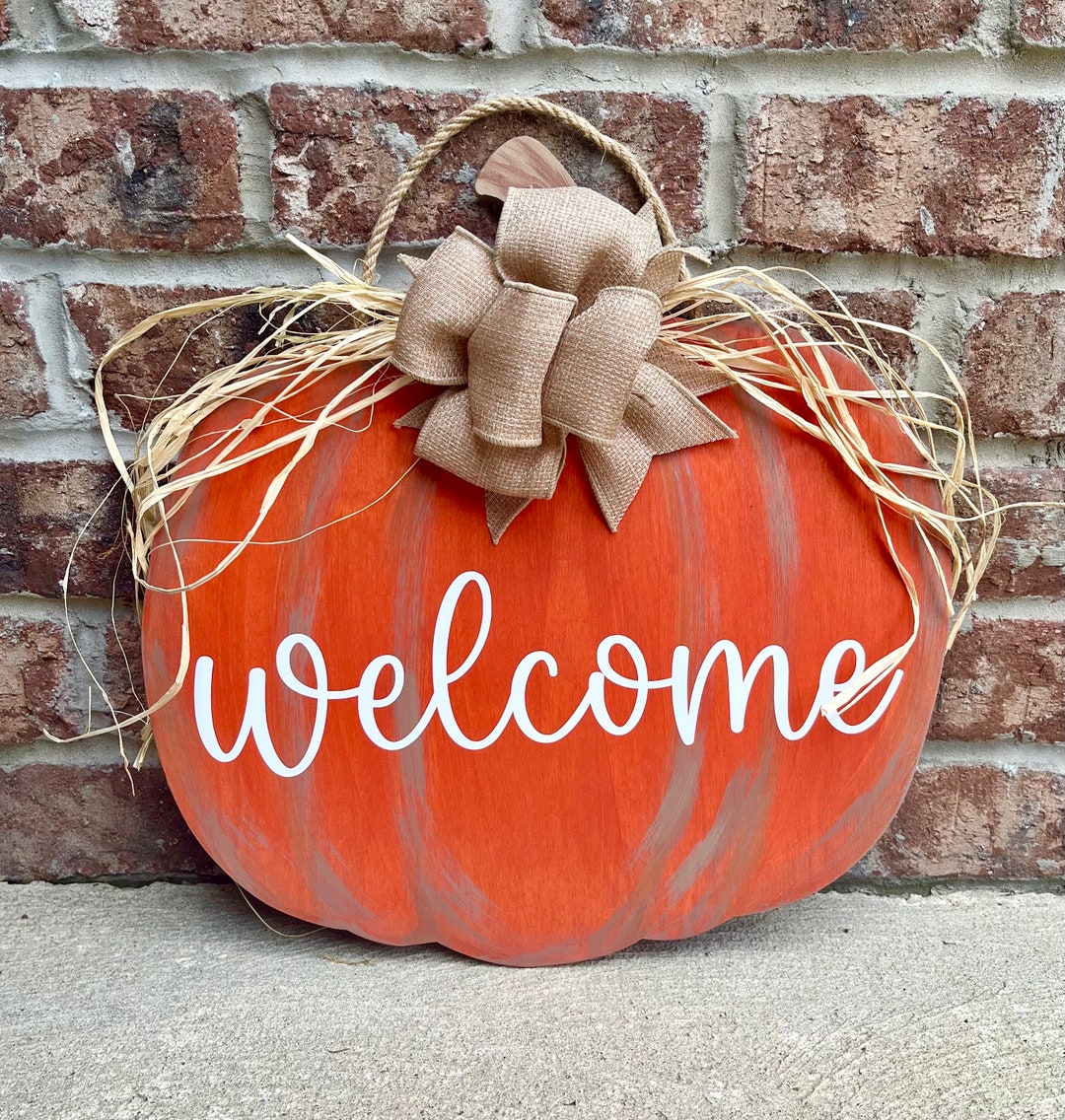 Pumpkin Welcome Sign, Welcome Fall Door Hanger, Hanging Wood Pumpkin ...
