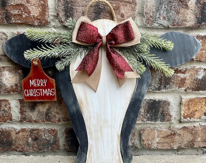 Christmas Cow Door Hanger, Holstein Cow, Merry Christmas Cow Decor ...