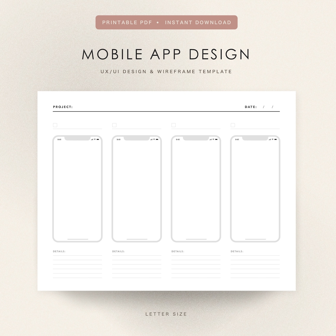 App Design Printable Sketchbook - Mobile UX/UI Wireframe Template - PDF ...