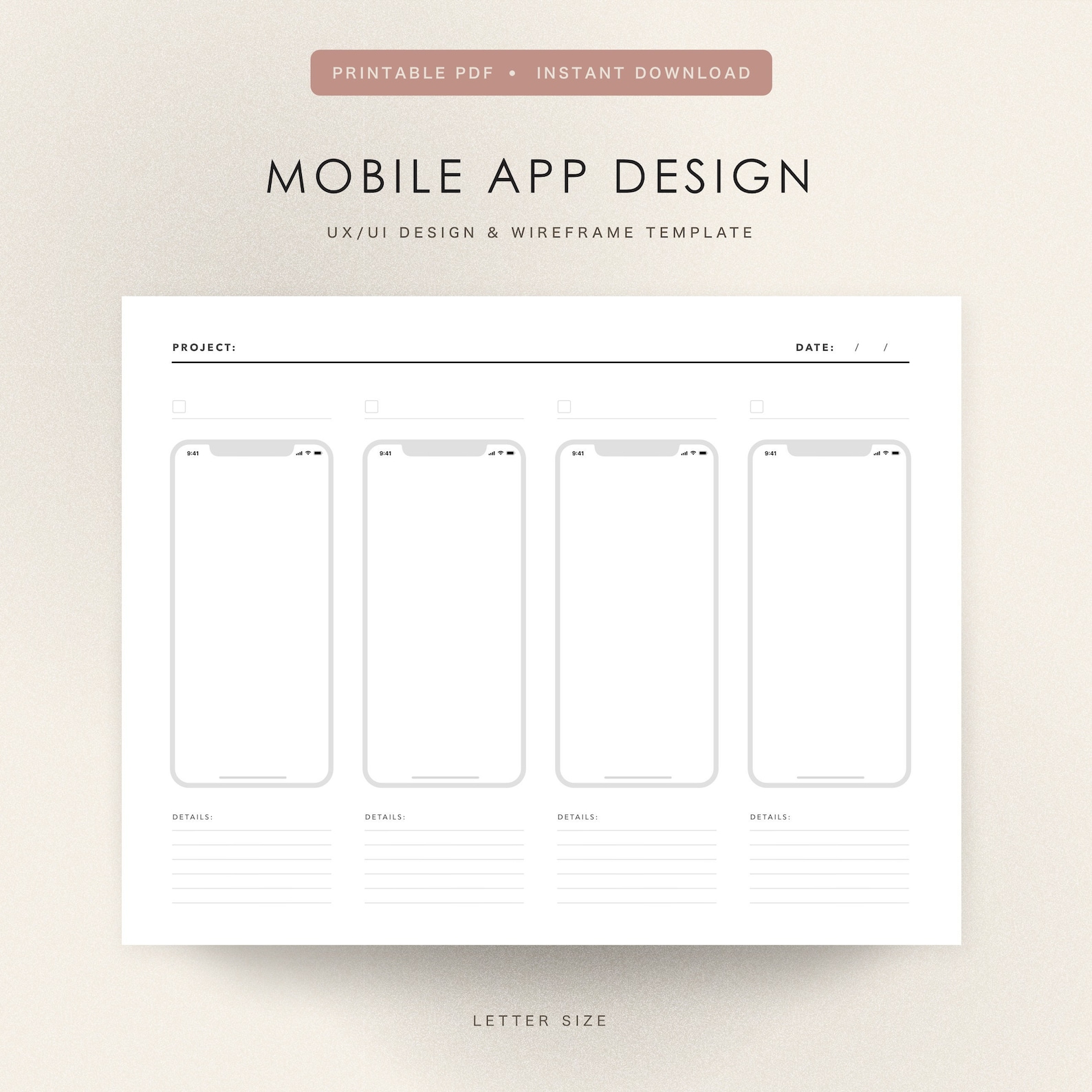 App Design Printable Sketchbook - Mobile UX/UI Wireframe Template - PDF ...