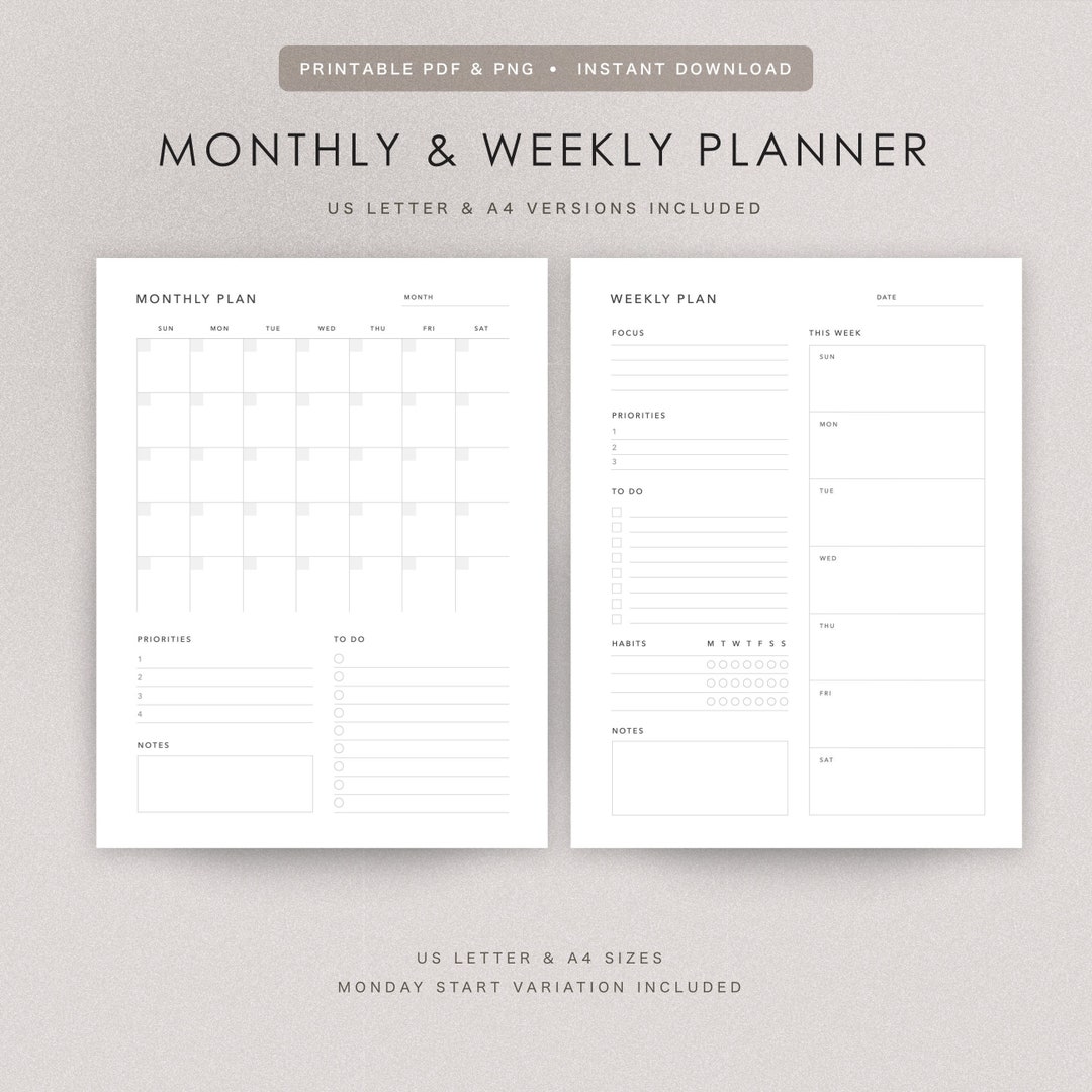 Monthly & Weekly Printable Planner Bundle: Dateless Calendar ...