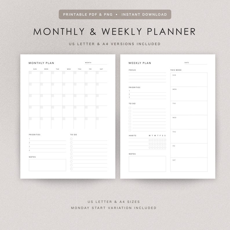 Monthly & Weekly Printable Planner Bundle: Dateless Calendar ...