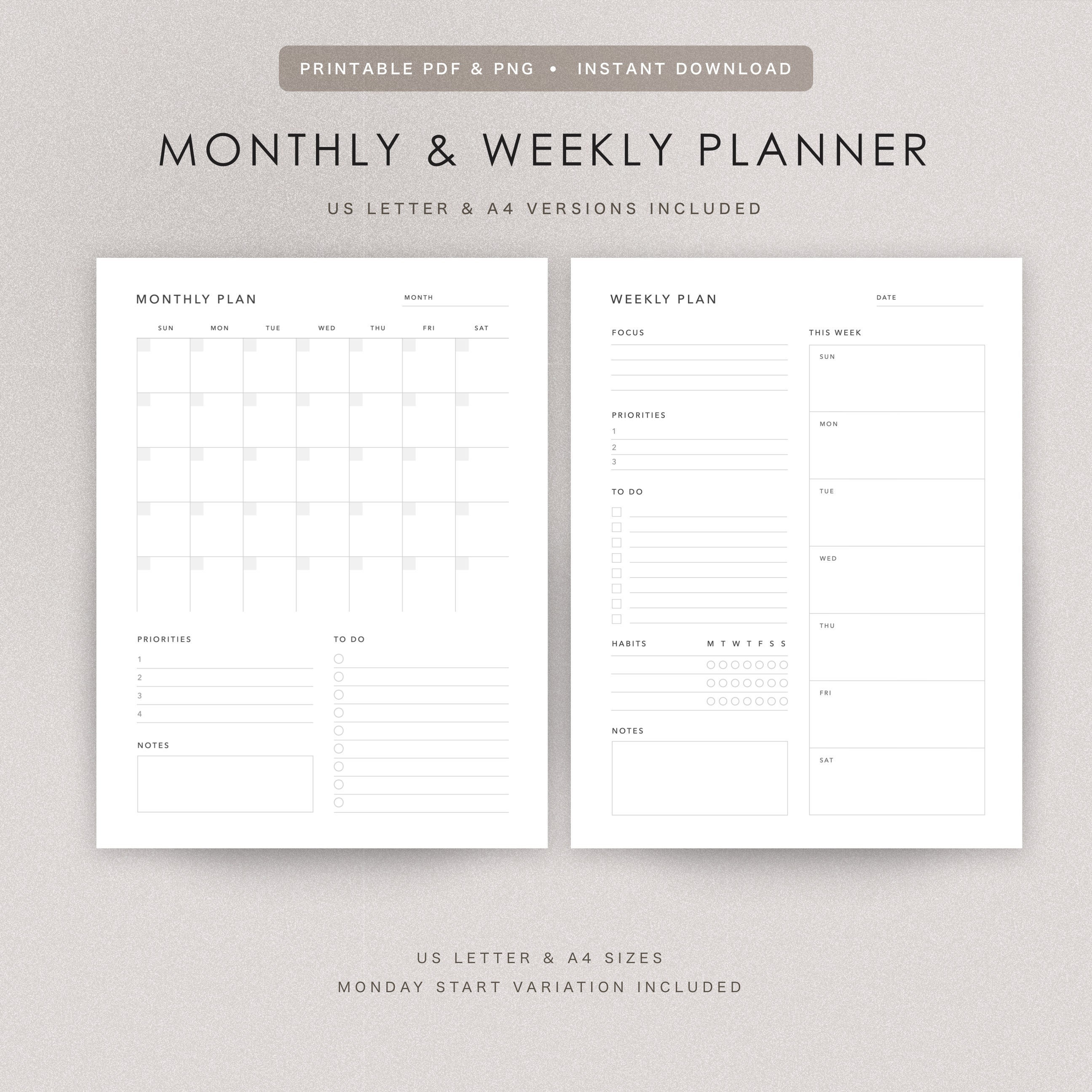 Monthly & Weekly Printable Planner Bundle: Dateless Calendar ...