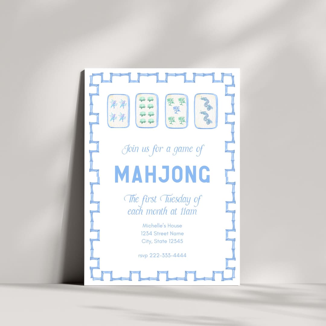 Mahjong Party Digital Download Invitation, Preppy Southern Blue Mahjong ...