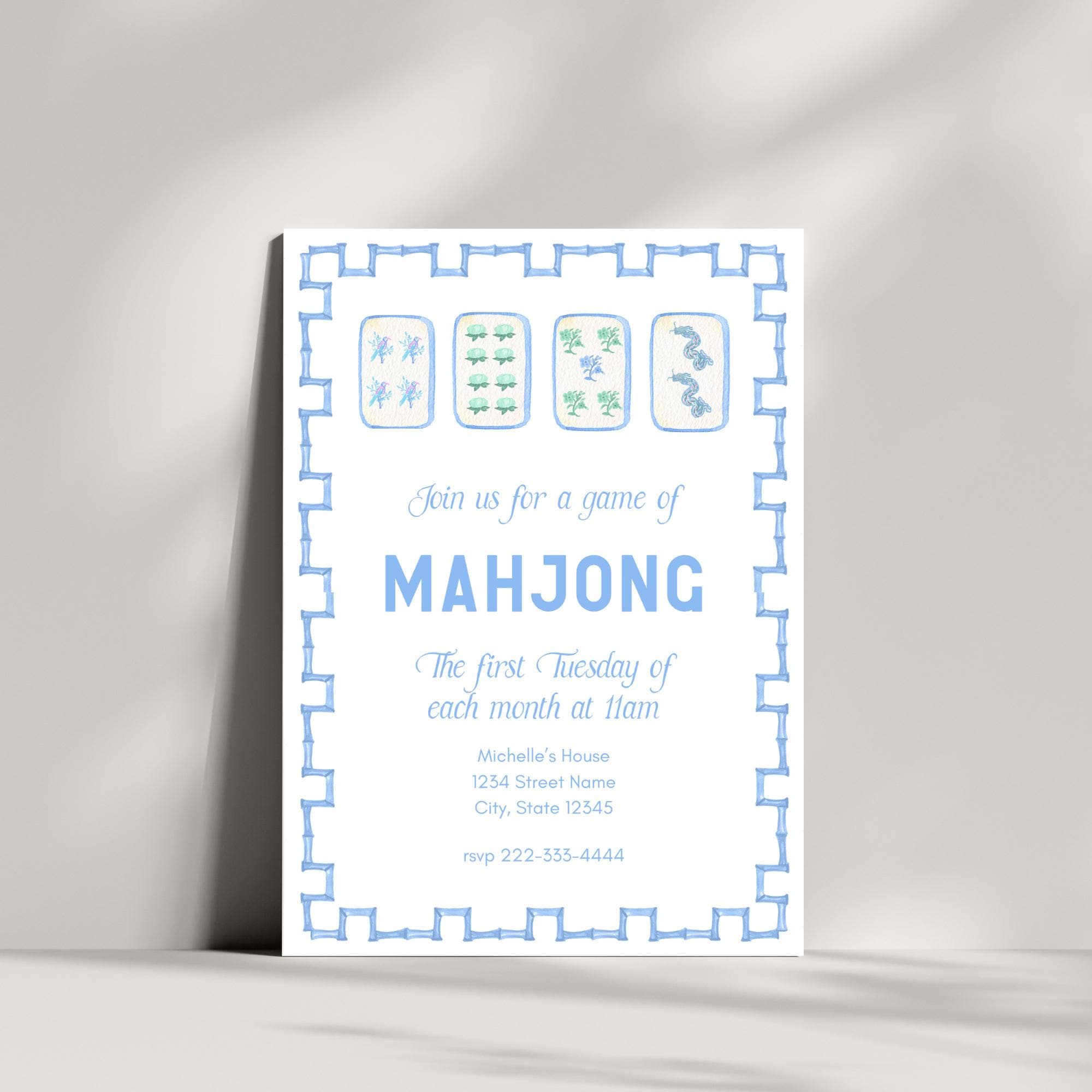 Mahjong Party Digital Download Invitation, Preppy Southern Blue Mahjong ...