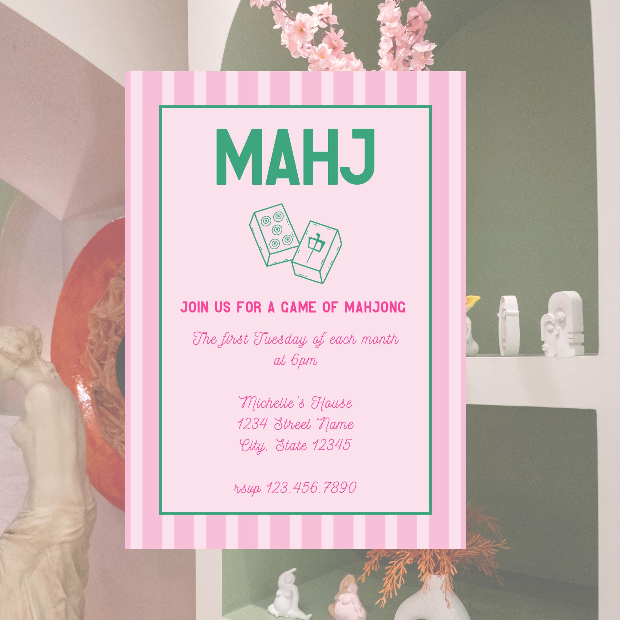 Mahjong Party Digital Download Invitation, Preppy Pink and Green ...