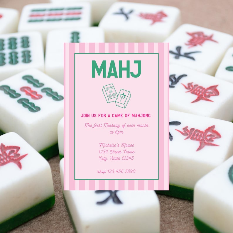 Mahjong Party Digital Download Invitation, Preppy Pink and Green ...