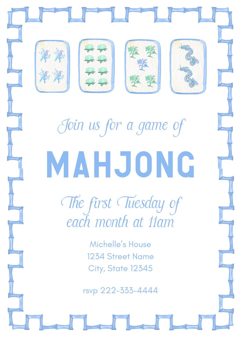Mahjong Party Digital Download Invitation, Preppy Southern Blue Mahjong ...