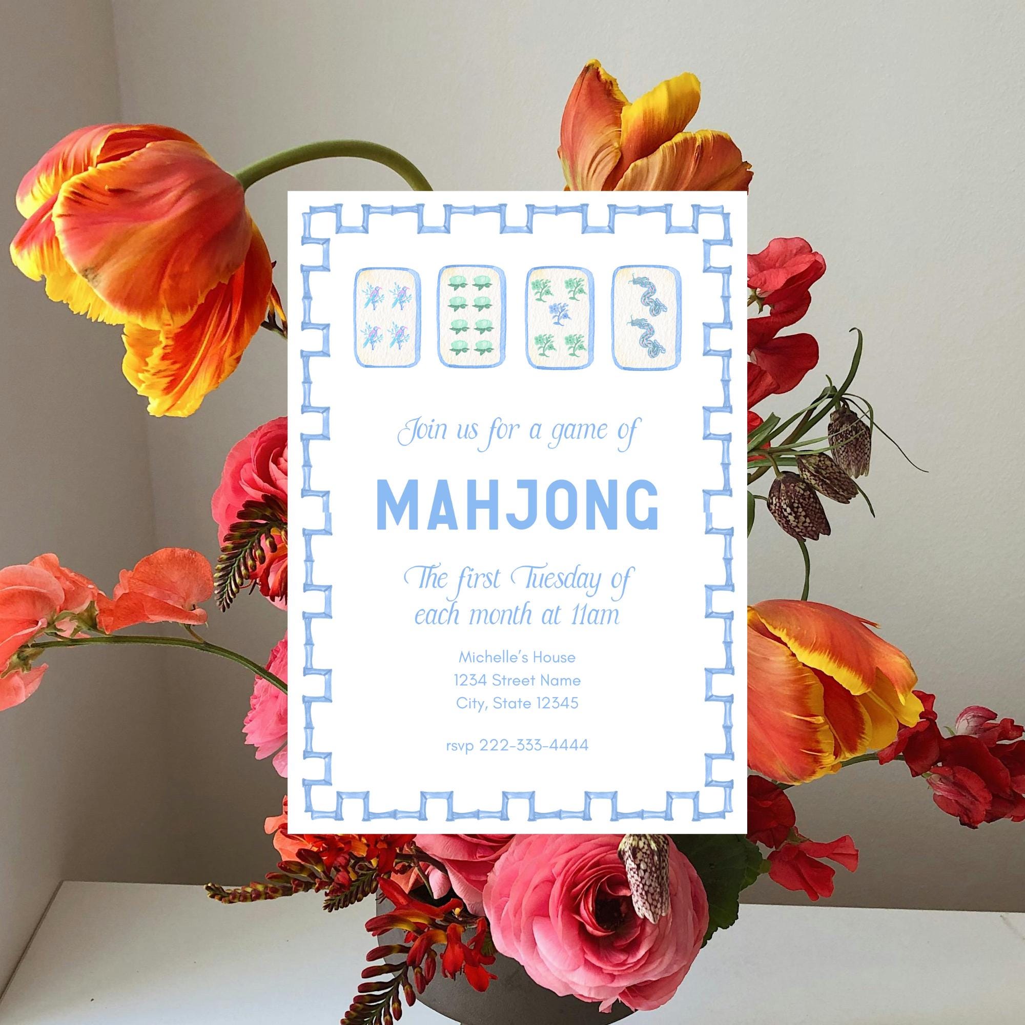 Mahjong Party Digital Download Invitation, Preppy Southern Blue Mahjong ...