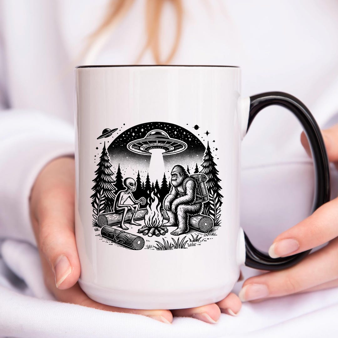 Cryptids Coffee Mug, Bigfoot and Alien Campfire Cup, Cryptozoology Gift ...