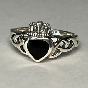 Claddagh Celtic Irish Heart Ring, Sterling Silver 925, With Black Agate ...