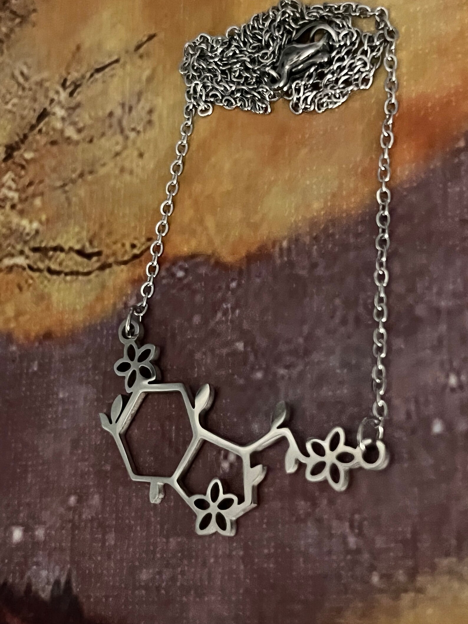 Molecule Pendant Necklace, Serotonin Molecule With Flower Charm Pendant ...