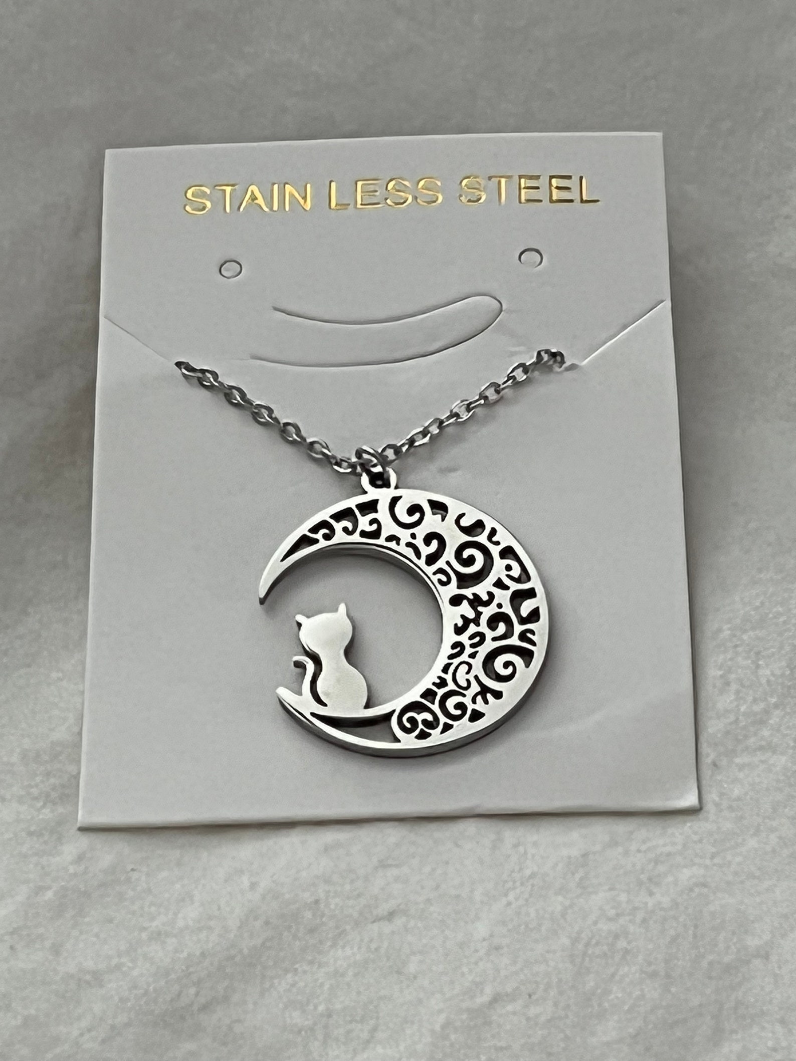Cute Cat Hollowed Out Moon Necklace, Stainless Steel Cat Pendant ...