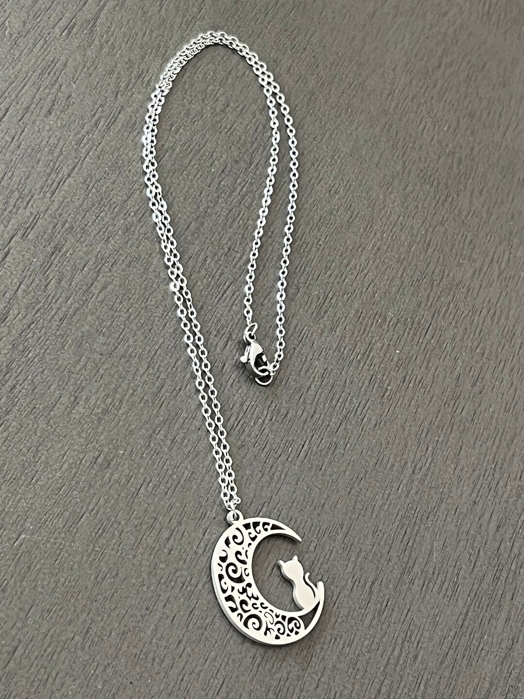 Cute Cat Hollowed Out Moon Necklace, Stainless Steel Cat Pendant ...