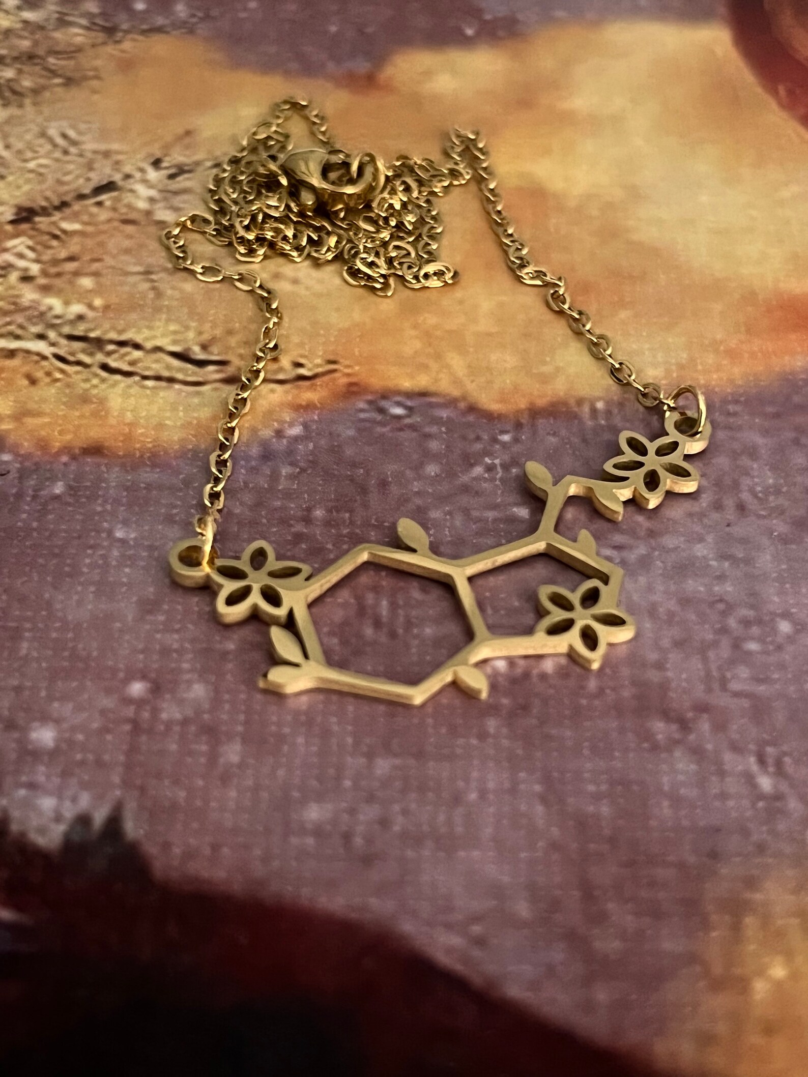 Molecule Pendant Necklace, Serotonin Molecule With Flower Charm Pendant ...