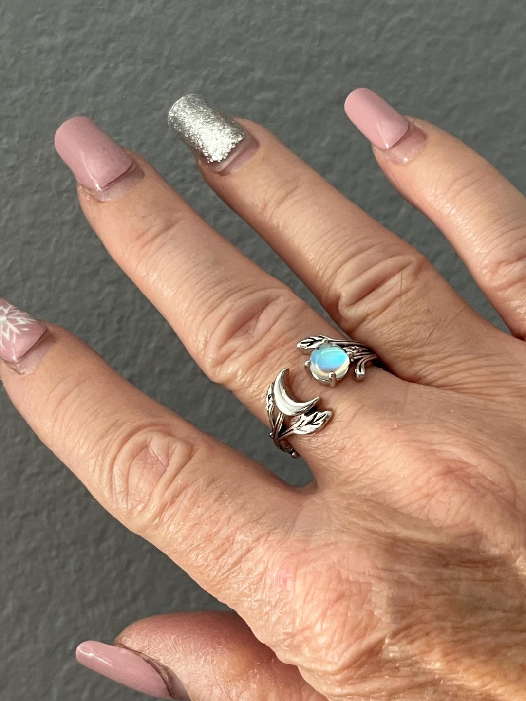 Adjustable Vintage Moon and Leaves Ring for Women, S925 Silver With ...