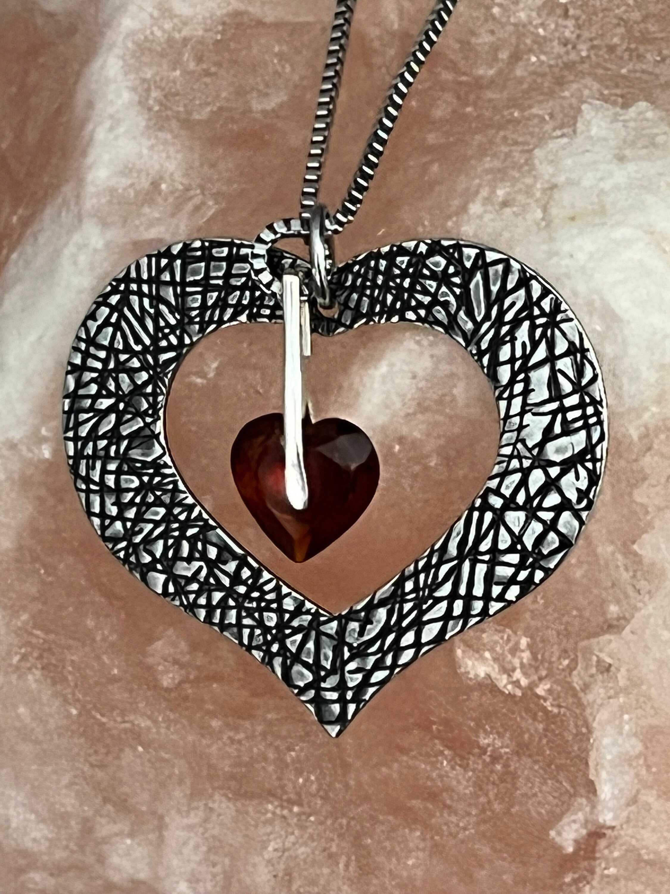 Etched Stainless Steel Heart Pendant: Sterling Silver Synthetic Garnet ...