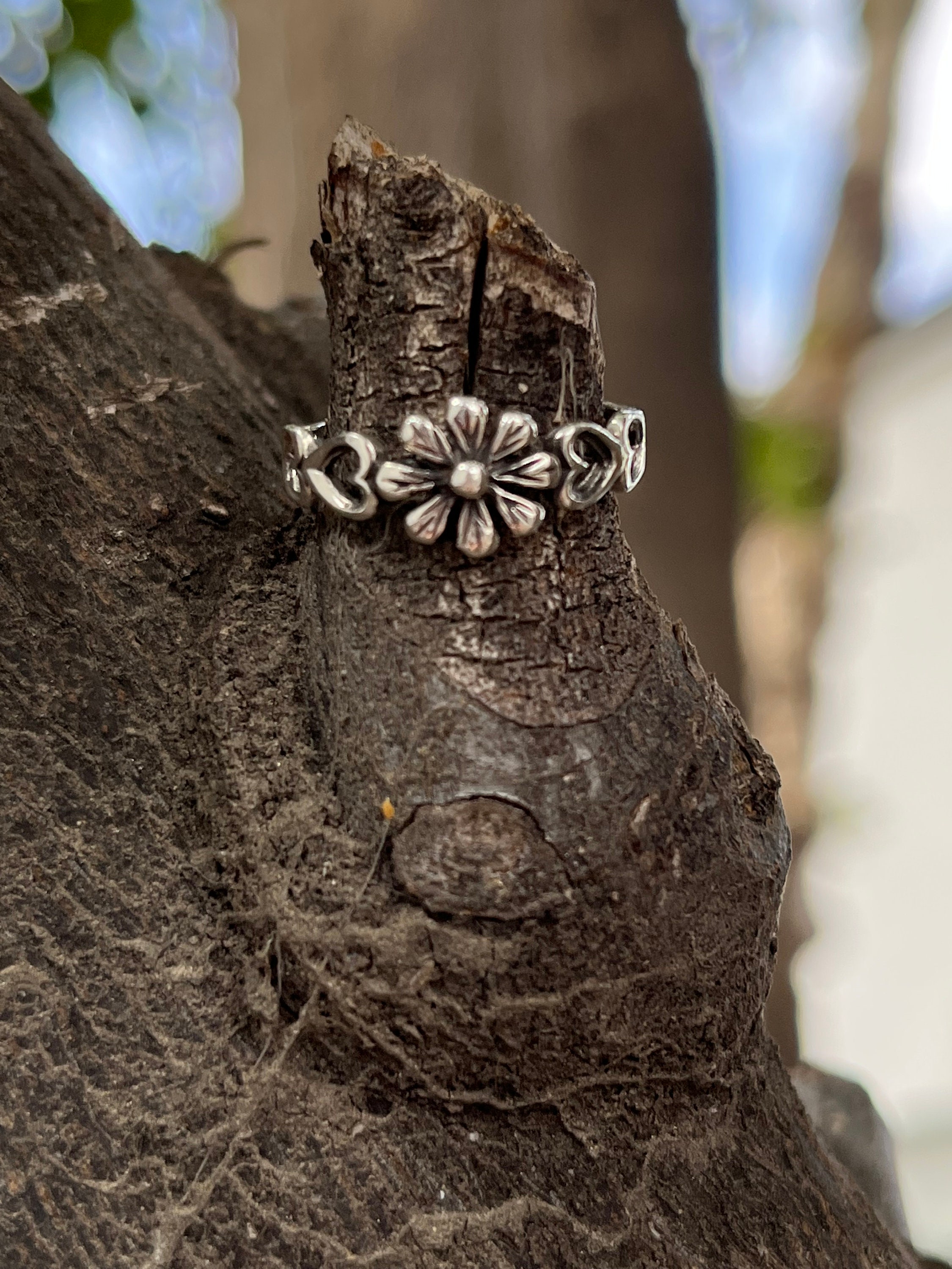 Sterling Silver Floral With Open Heart Ring, Statement Ring, Silver ...