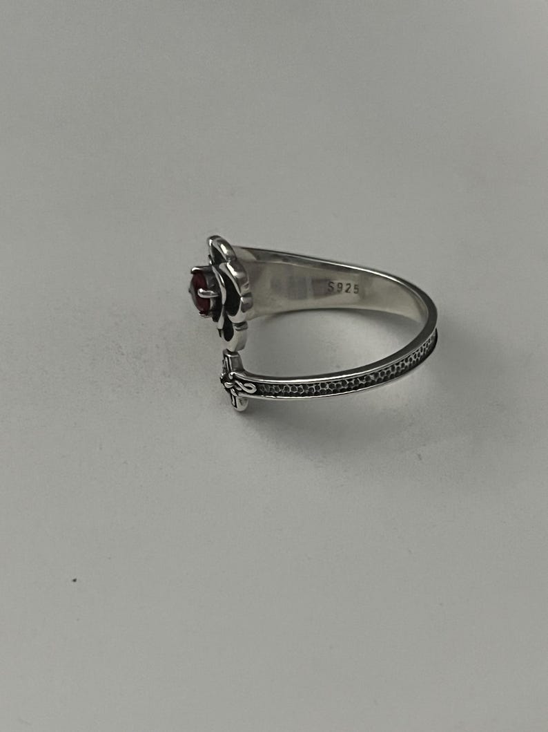S925 Silver Rose Cross Ring With Red Zirconia - Adjustable - Etsy