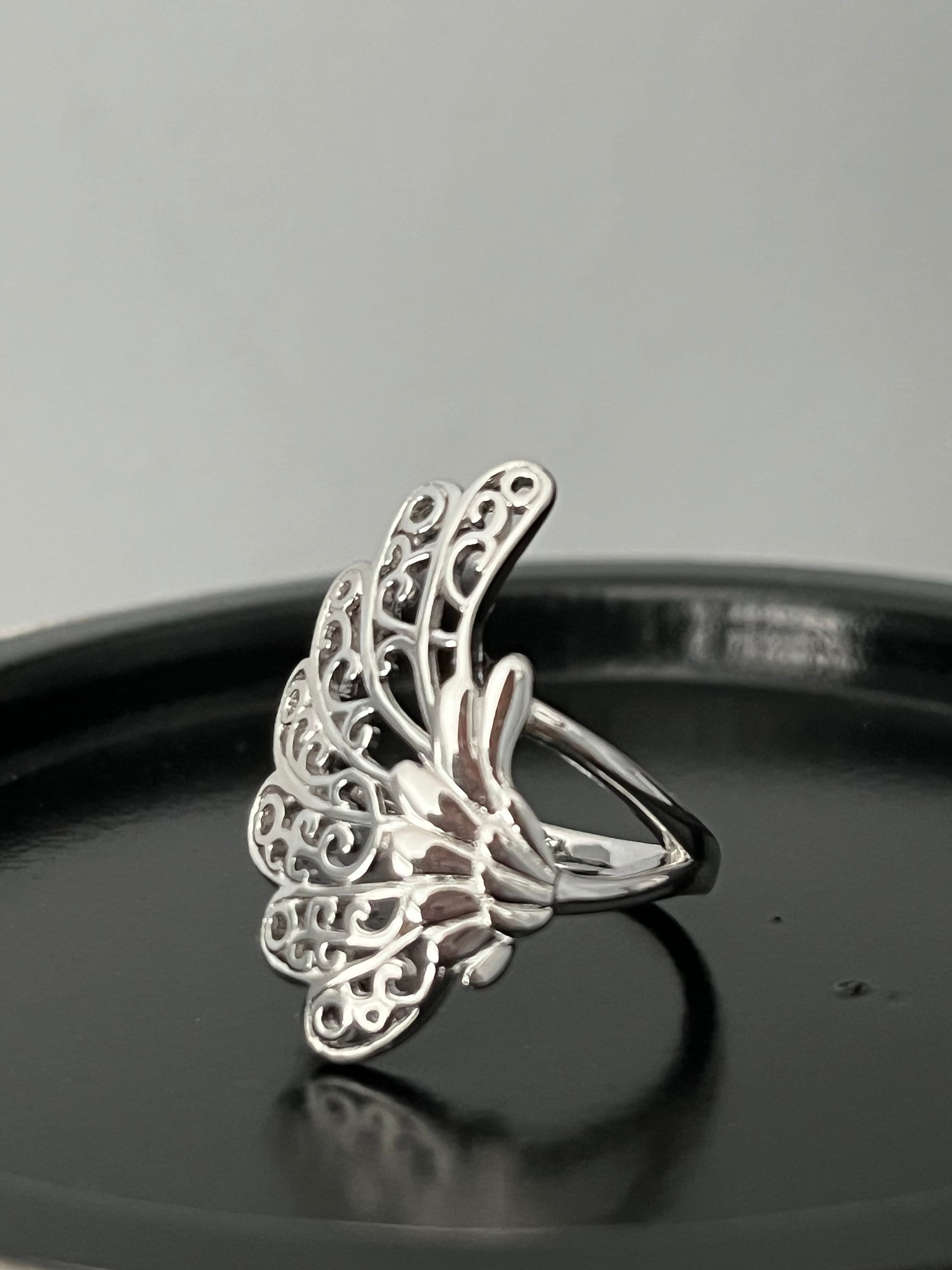 Crane Wing Feathers Ring, 925 Sterling Silver Rhodium Plated: Statement ...