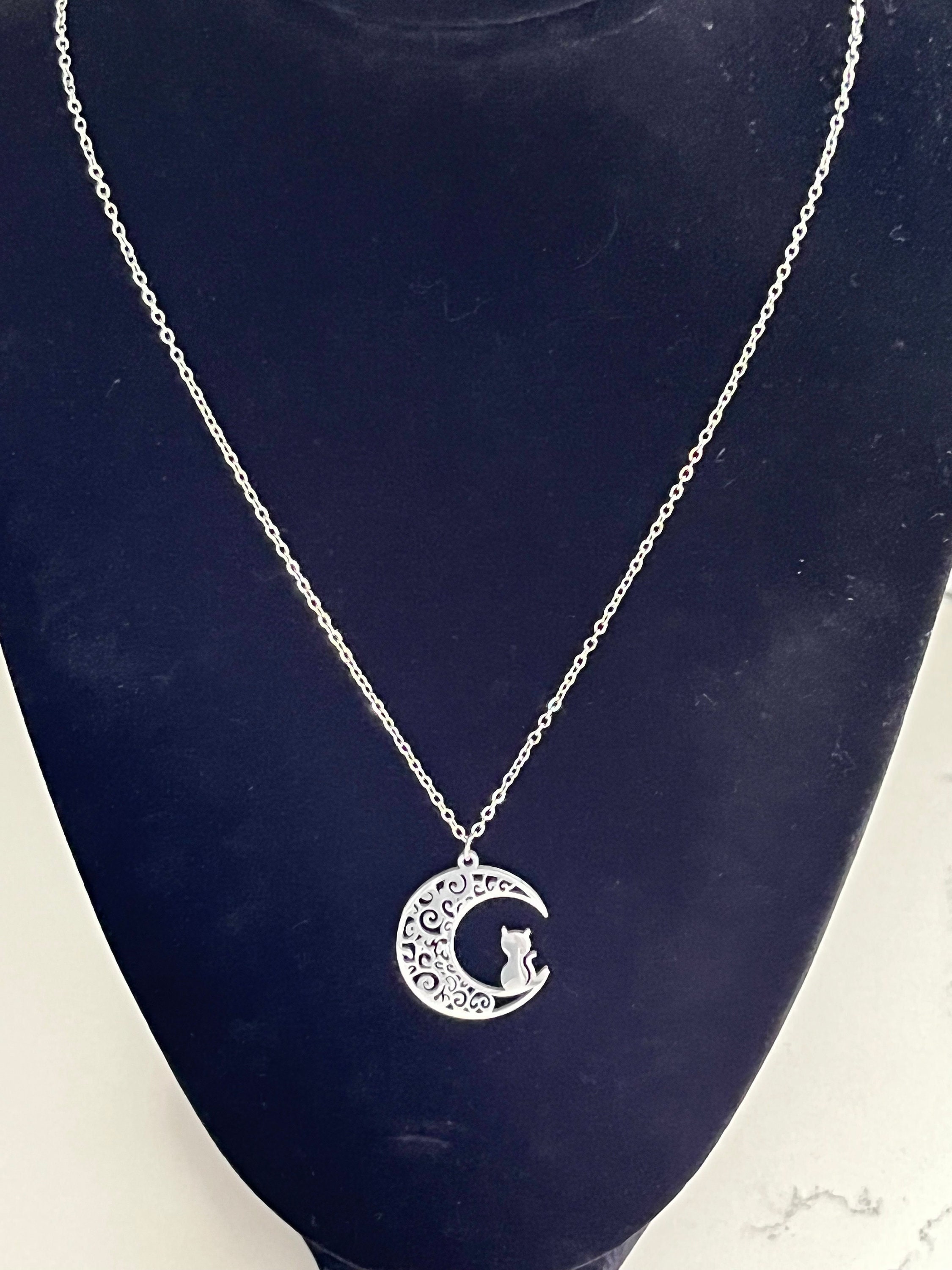 Cute Cat Hollowed Out Moon Necklace, Stainless Steel Cat Pendant ...