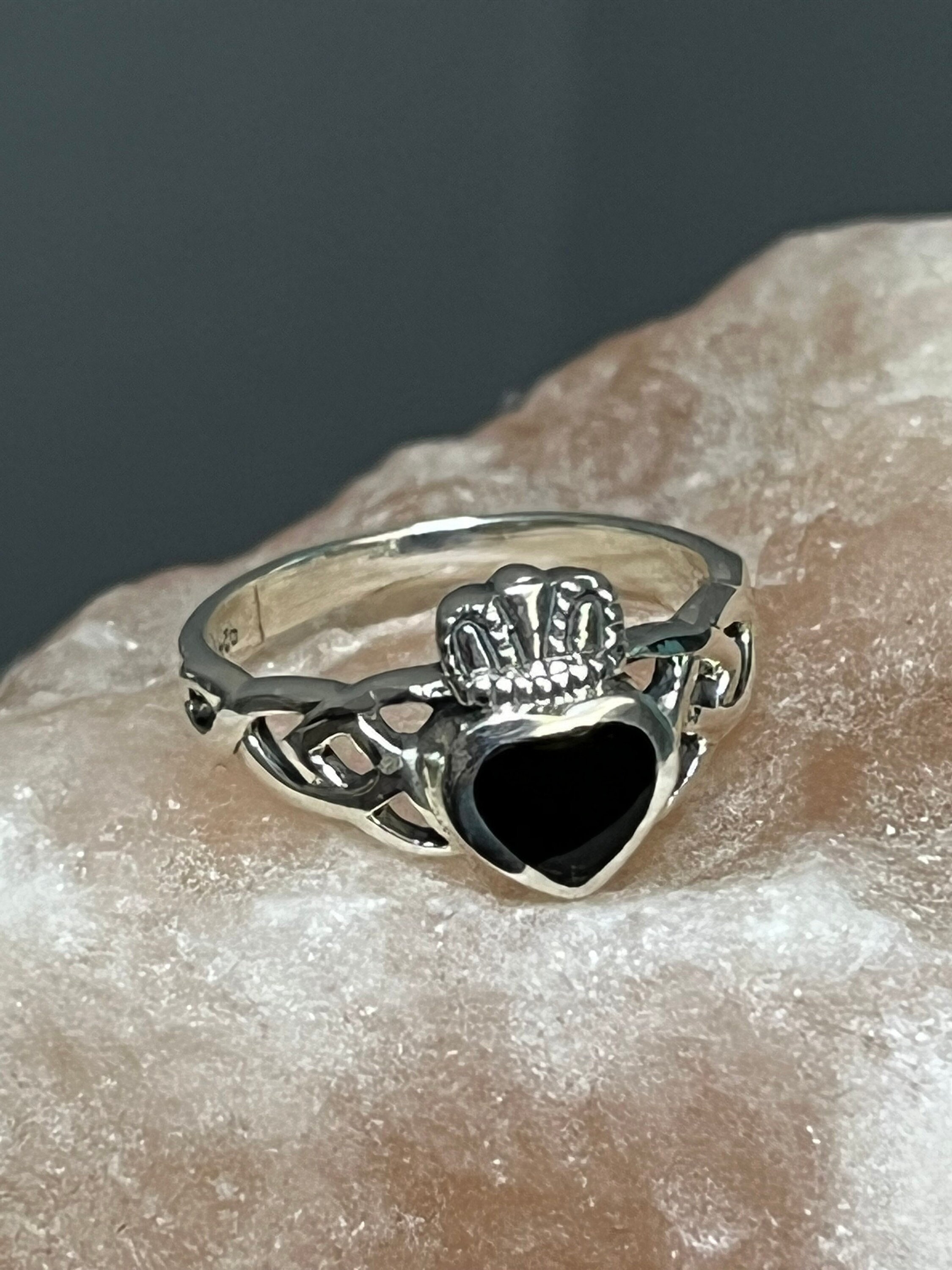 Claddagh Celtic Irish Heart Ring, Sterling Silver 925, With Black Agate ...