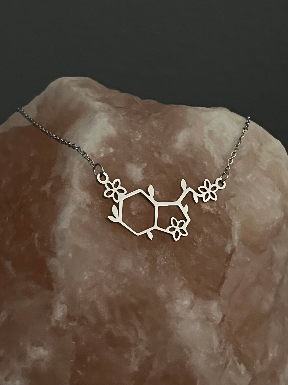 Molecule Pendant Necklace, Serotonin Molecule With Flower Charm Pendant ...
