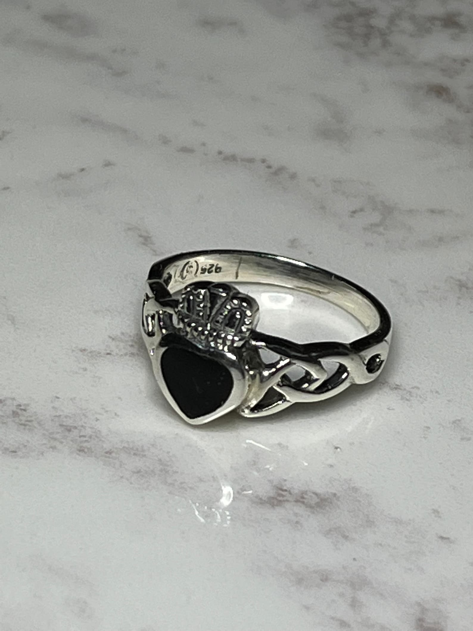 Claddagh Celtic Irish Heart Ring, Sterling Silver 925, With Black Agate ...