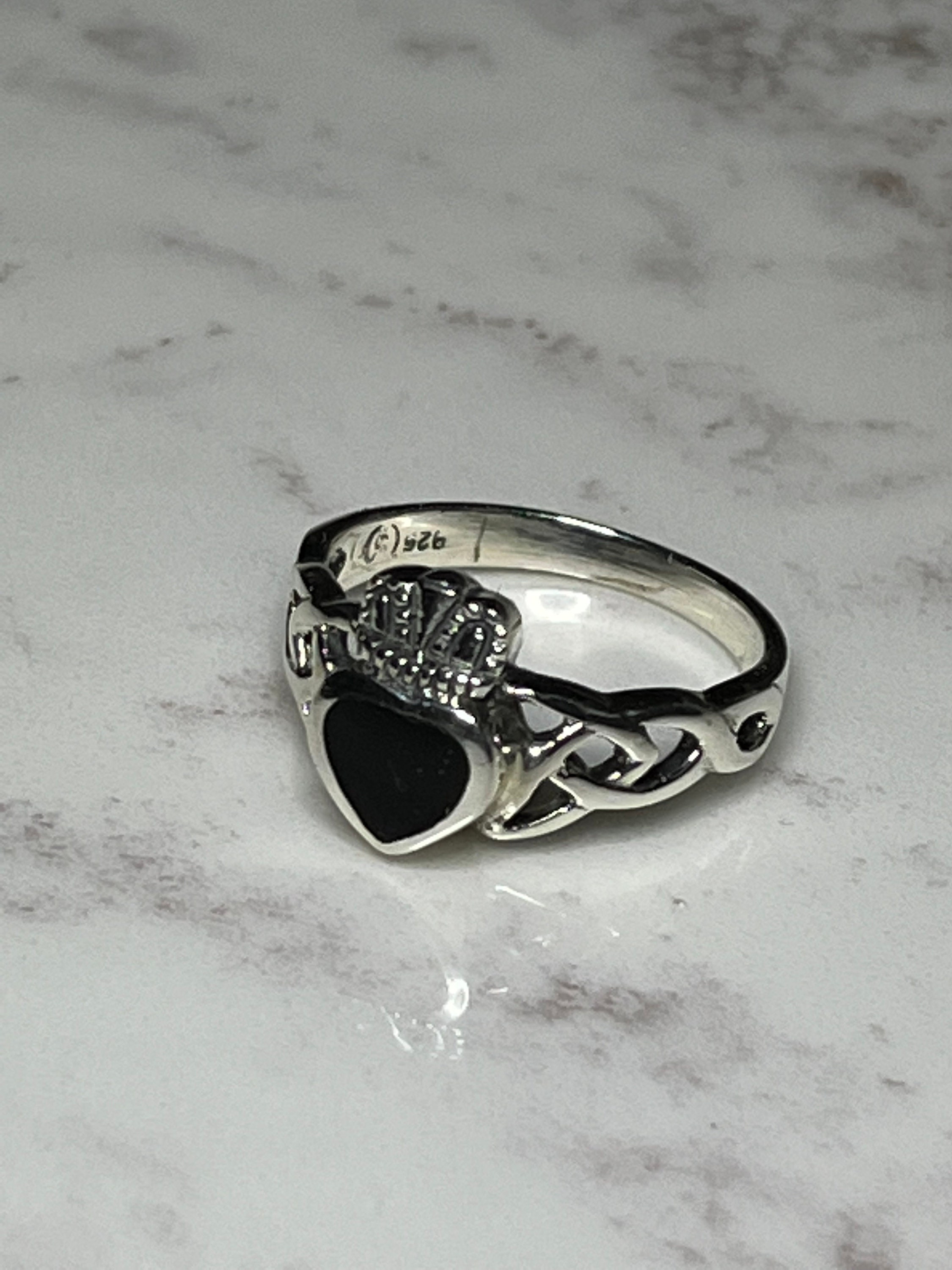 Claddagh Celtic Irish Heart Ring, Sterling Silver 925, With Black Agate ...