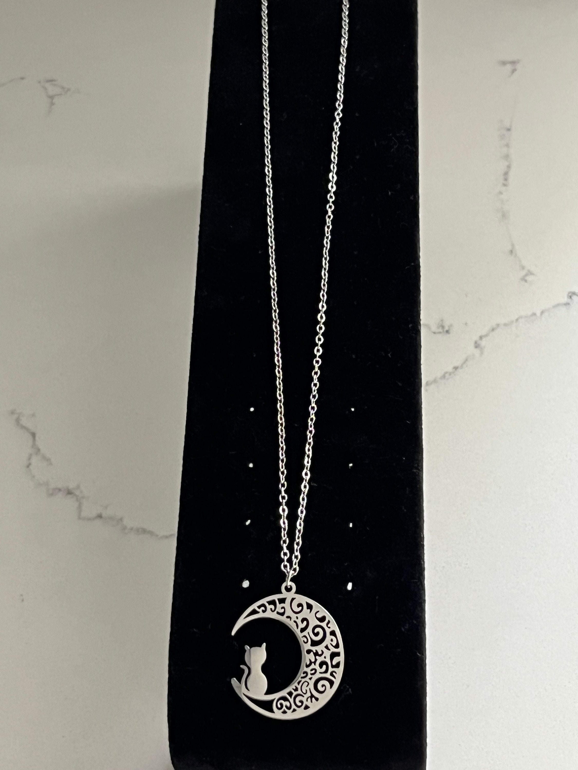 Cute Cat Hollowed Out Moon Necklace, Stainless Steel Cat Pendant ...