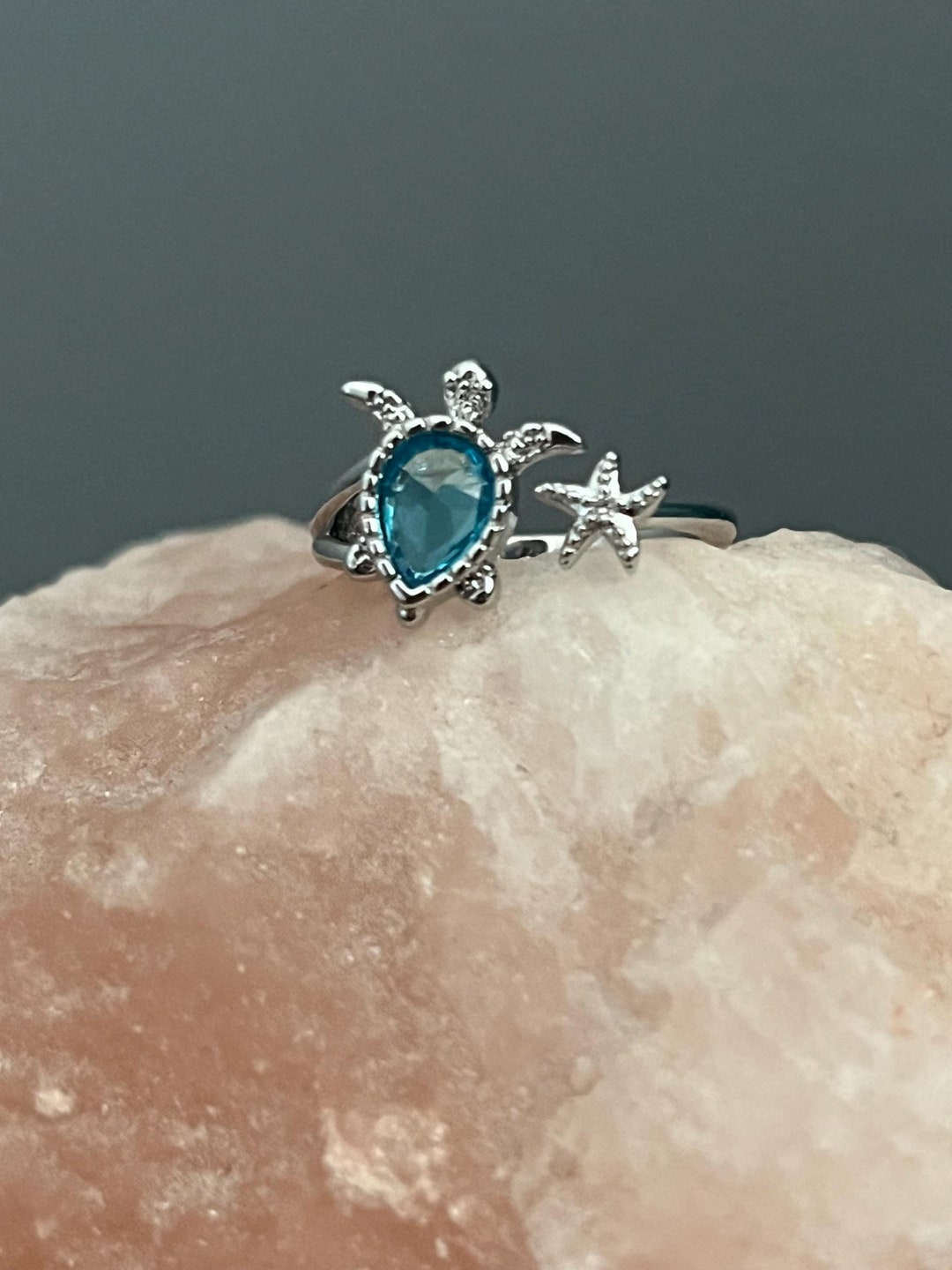 Sterling Silver Turtle Ring: Blue Zirconia Starfish, Adjustable Band - Etsy
