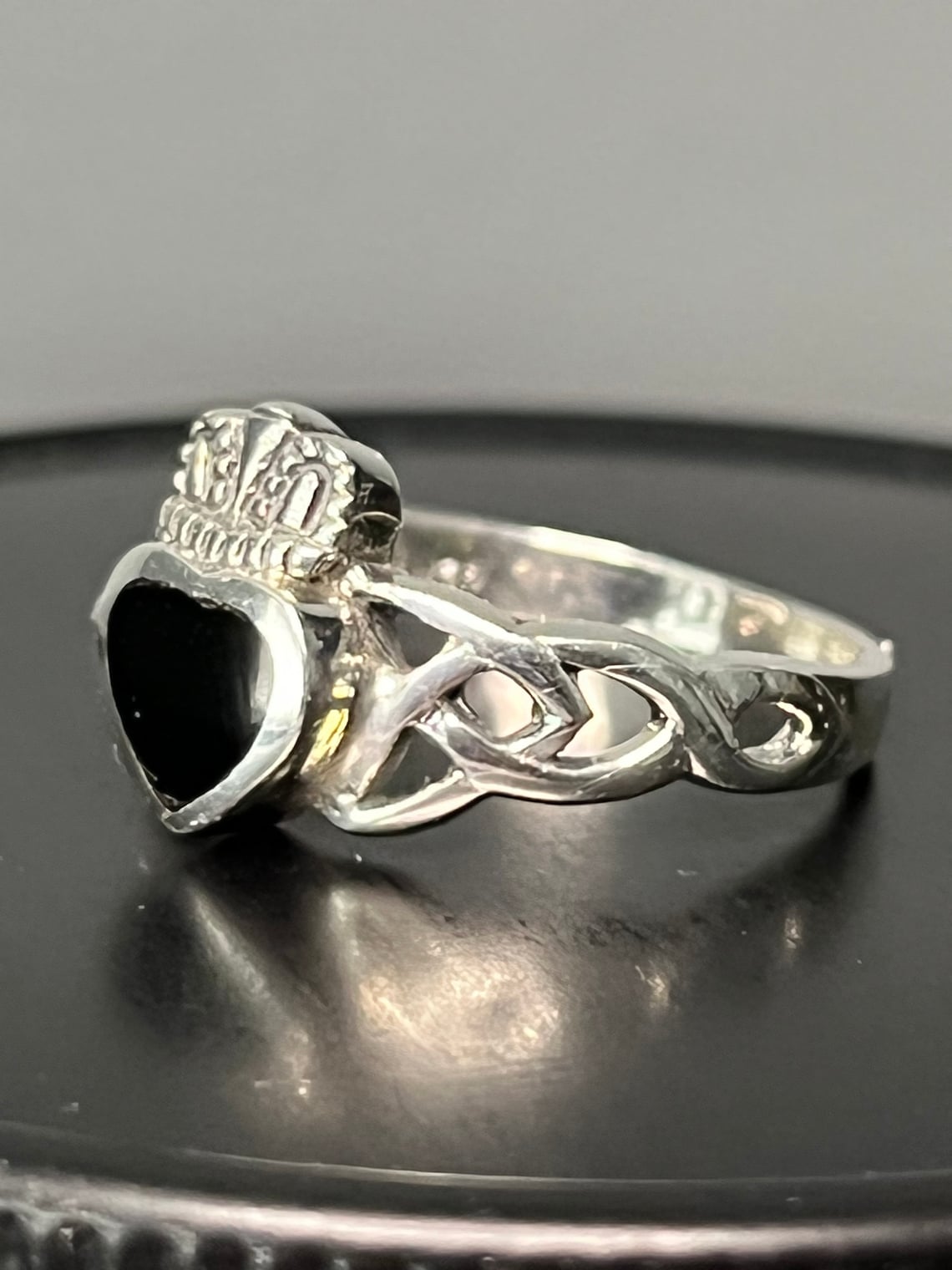 Claddagh Celtic Irish Heart Ring, Sterling Silver 925, With Black Agate ...