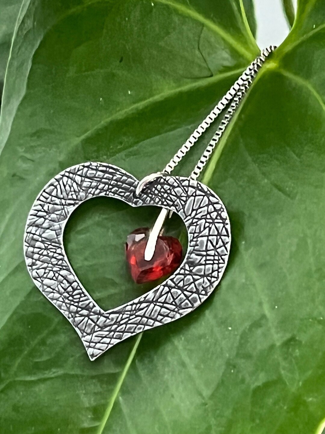 Etched Stainless Steel Heart Pendant: Sterling Silver Synthetic Garnet ...