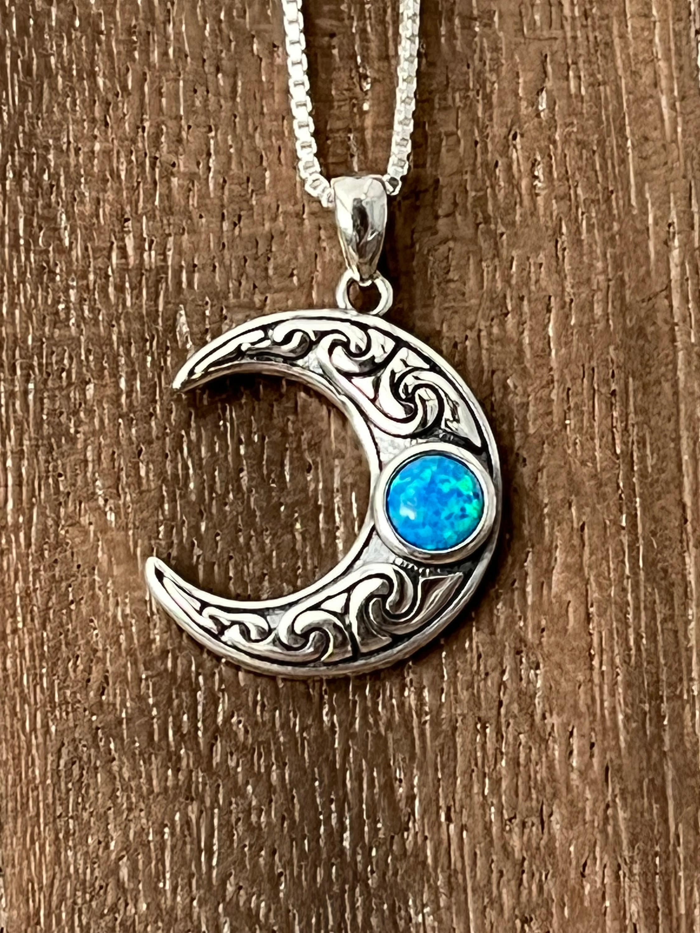 Sterling Silver Moon Pendant Necklace, Celestial Celtic Moon Silver Lab ...