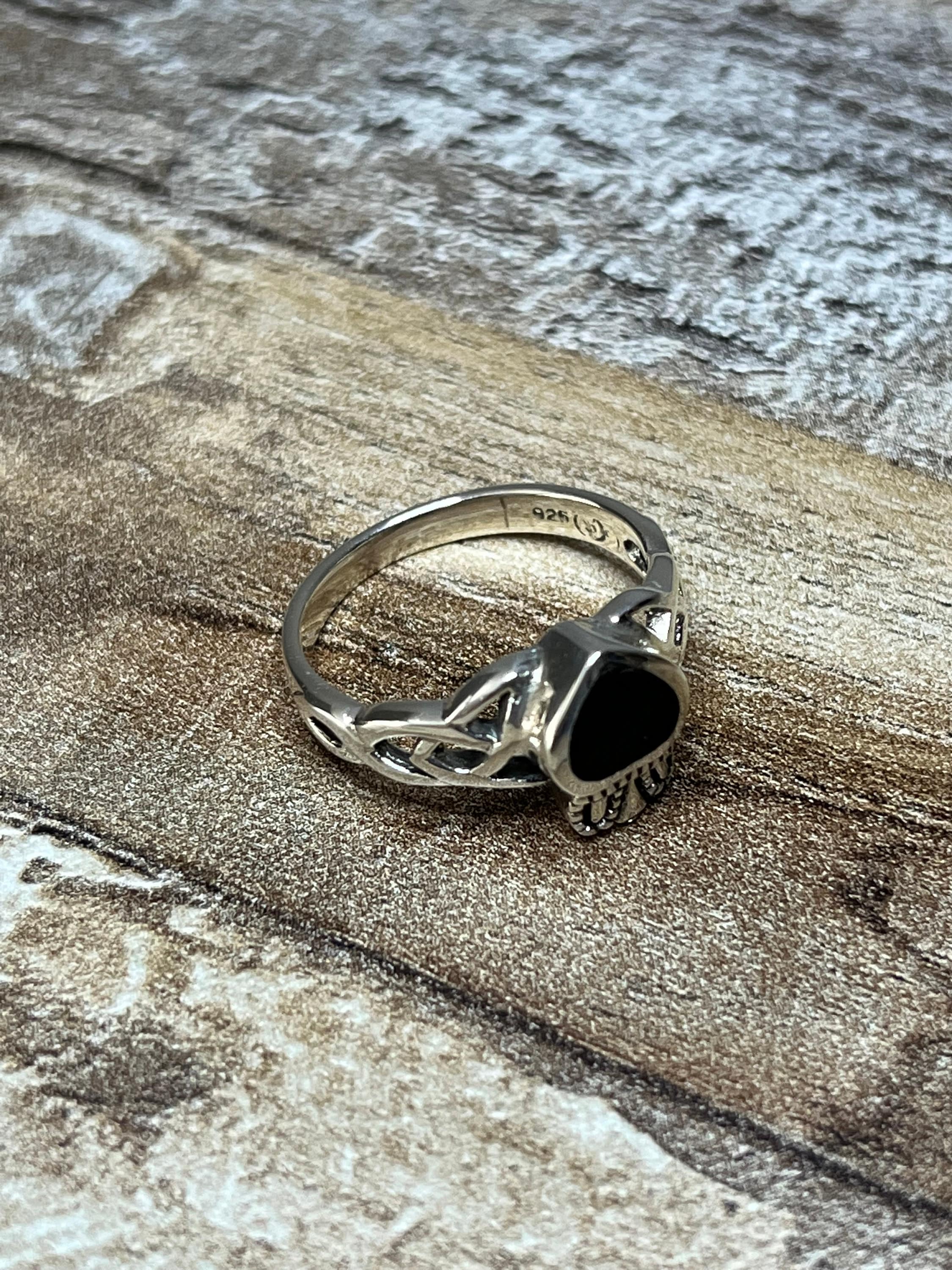 Claddagh Celtic Irish Heart Ring, Sterling Silver 925, With Black Agate ...