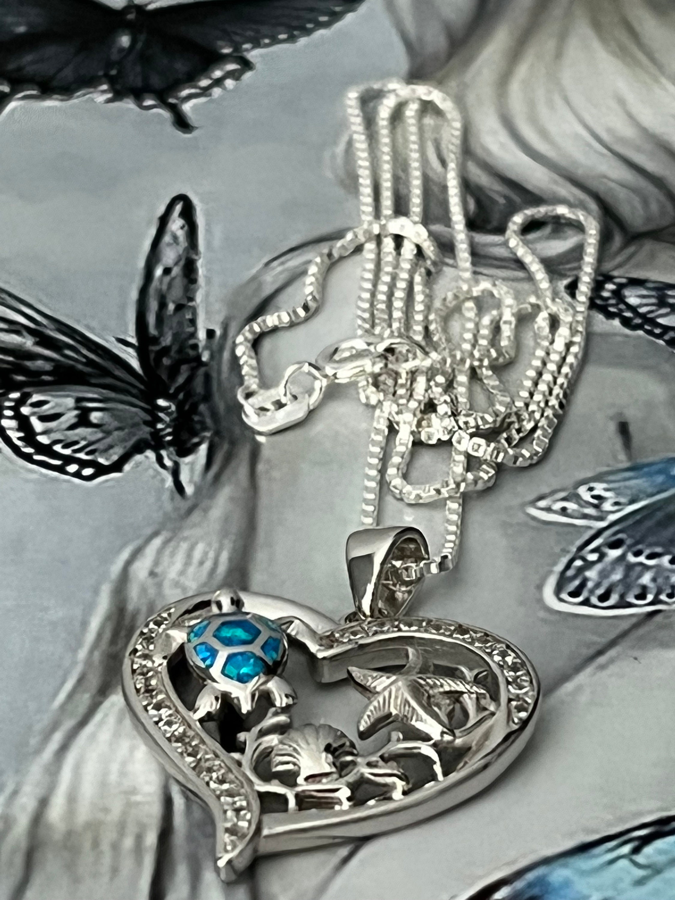 Sterling Silver Heart Sea Life Pendant Necklace, Blue Lab Opal Cubic ...