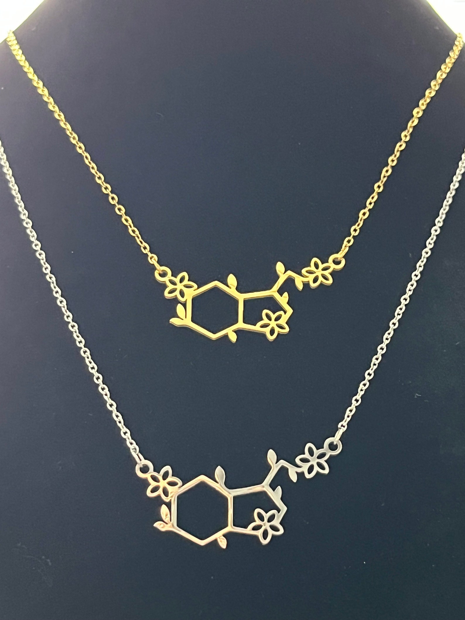 Molecule Pendant Necklace, Serotonin Molecule With Flower Charm Pendant ...