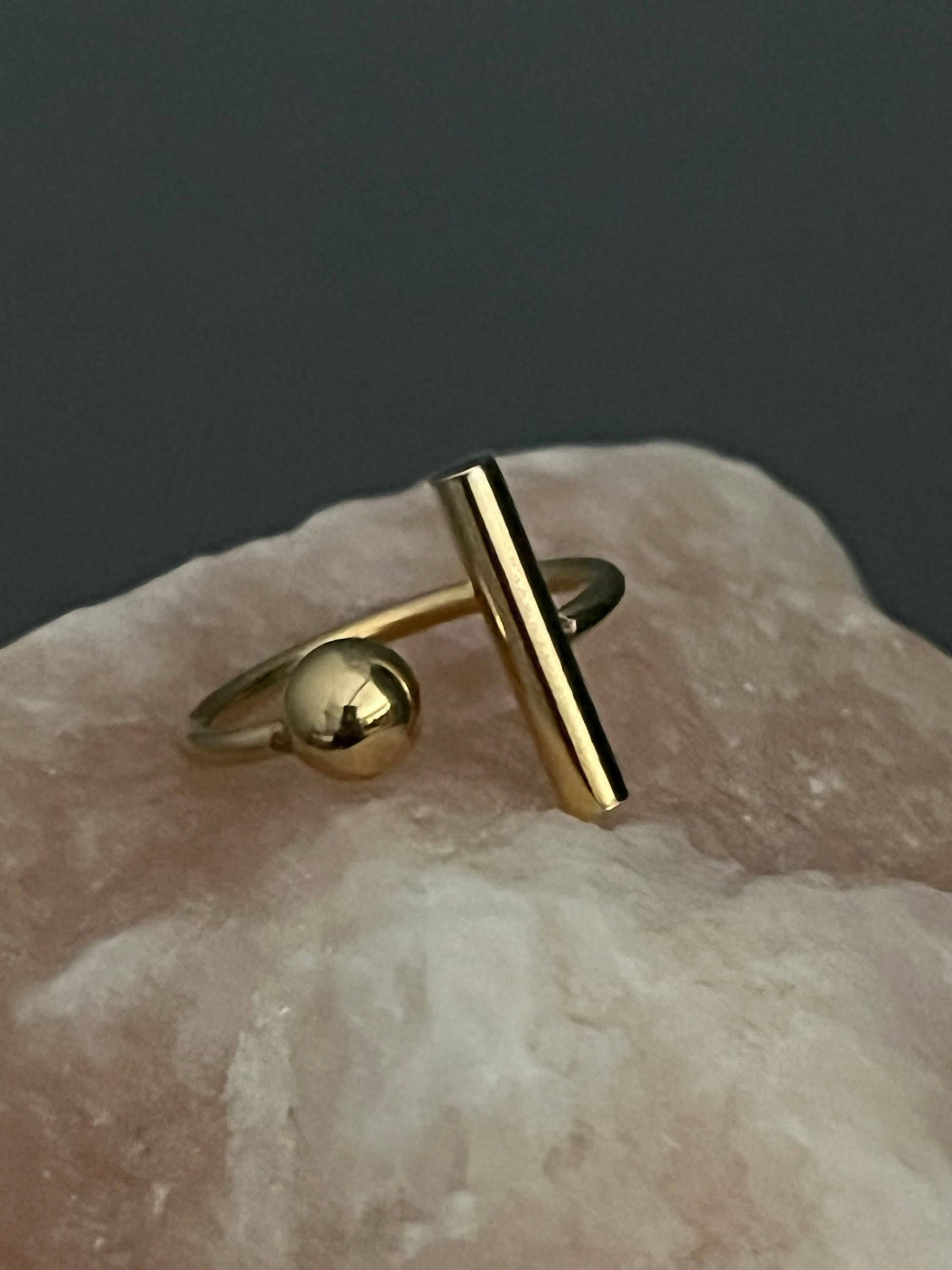 Geometric Stainless Steel Ring: Gold Bar & Ball Design - Etsy