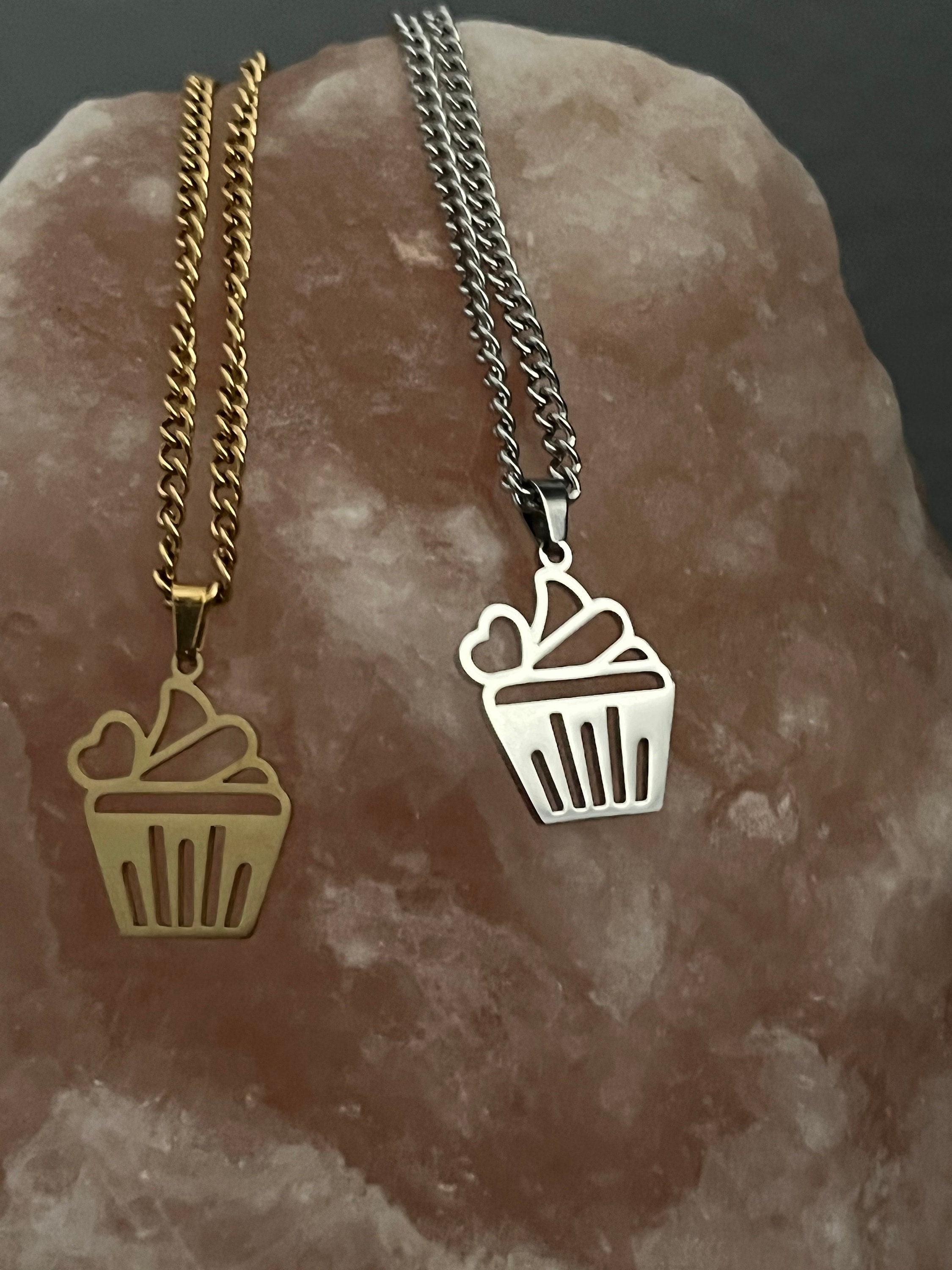 Lovely Heart Cupcake Pendant Necklaces Stainless Steel Neck Chains ...