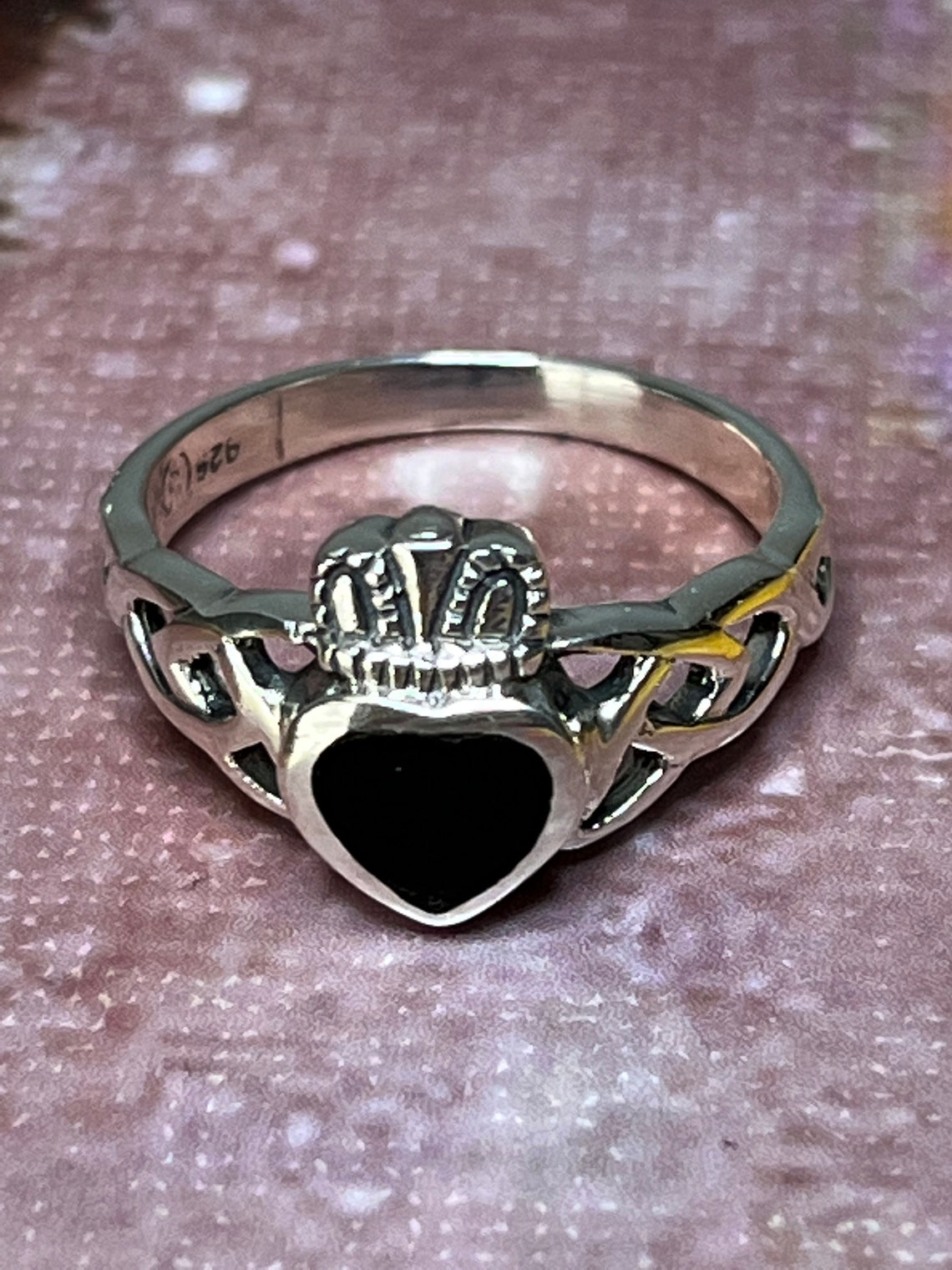 Claddagh Celtic Irish Heart Ring, Sterling Silver 925, With Black Agate ...